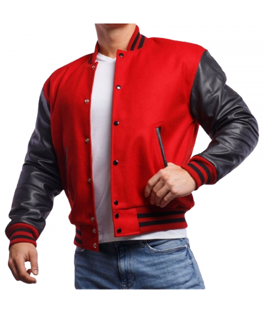 Scarlet Red Wool & Black Leather Varsity Letterman Jacket