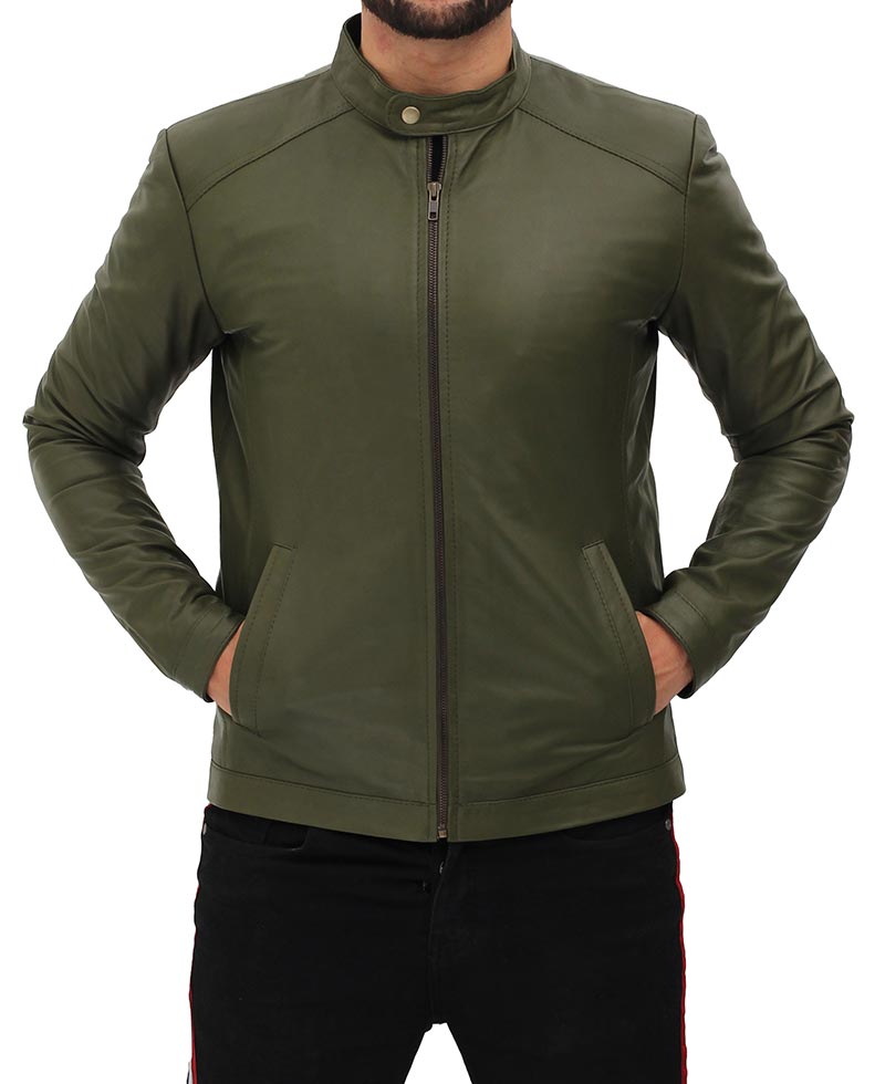 Fano Mens Army Green Snap Collar Leather Cafe Racer Jacket - RGB-596