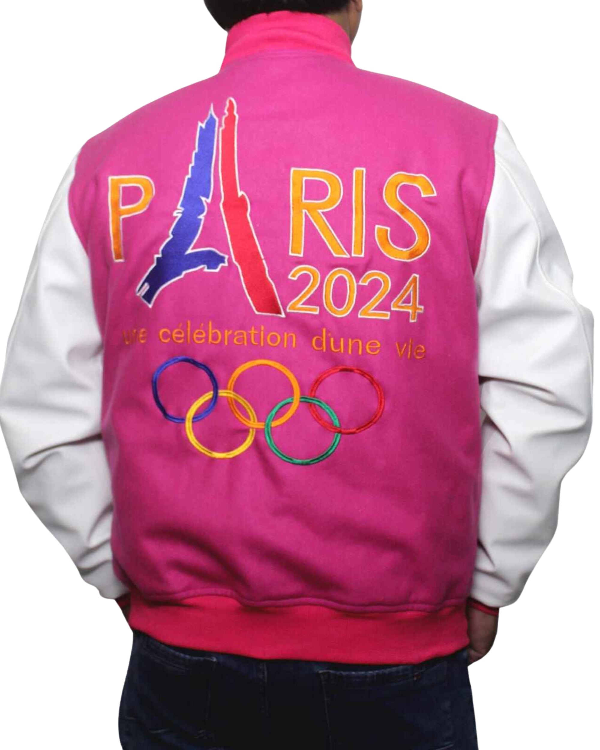 Paris 2024 France Olympics Pink Wool White Leather Varsity jacket